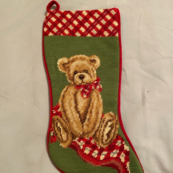 Holiday | Vintage Needlepoint Christmas Teddy Bear Stocking With Green ...